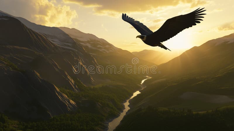 Eagle Soaring Over Mountain Valley Illuminated by Soft Sunrise Glow ...