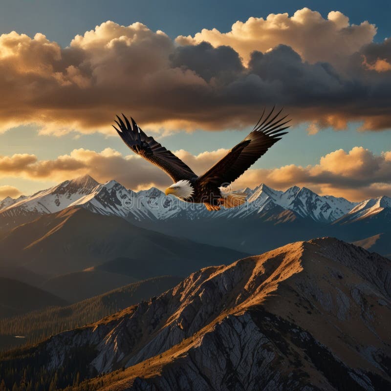 An Eagle Soaring Over a Rugged Mountain Range, with Dramatic Clouds and Golden Light. by ...