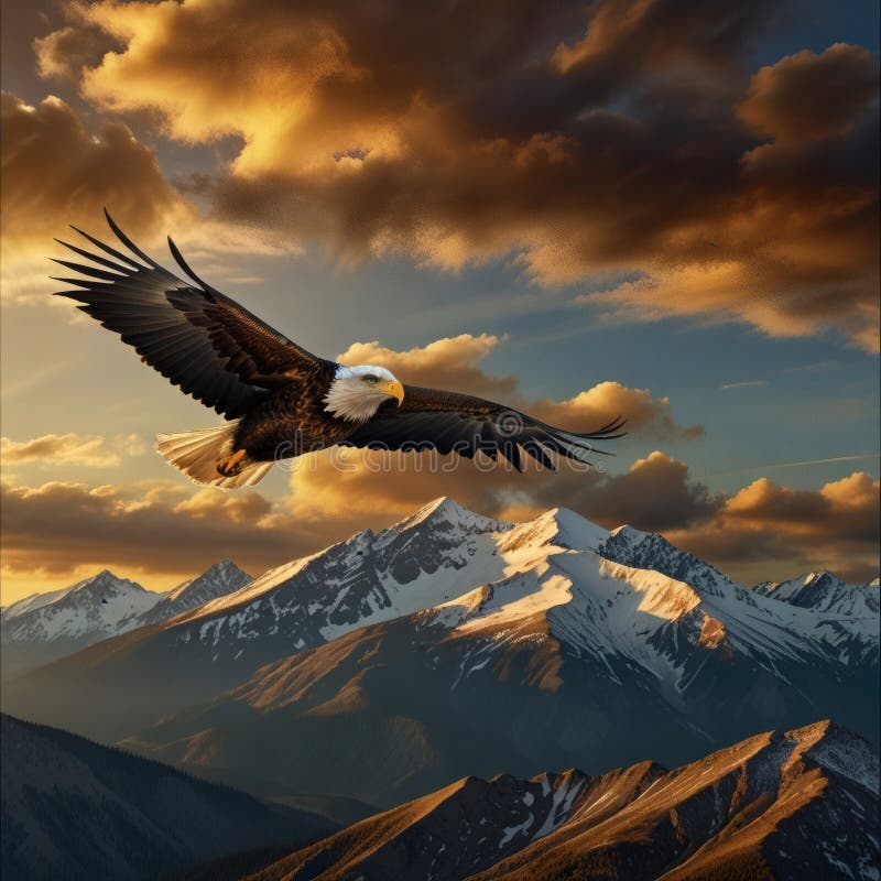 An Eagle Soaring Over a Rugged Mountain Range, with Dramatic Clouds and Golden Light. by ...