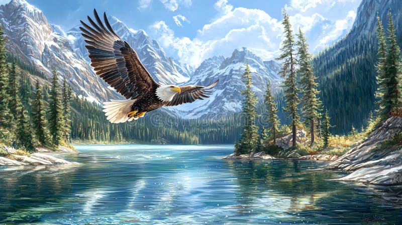 Eagle Soaring Over a Tranquil Mountain Lake Landscape Stock Illustration - Illustration of ...