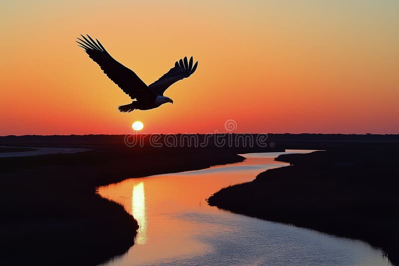 Eagle Soaring Over a Winding River at Sunset in a Vibrant Sky Filled ...