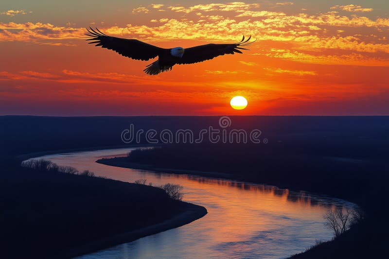 Eagle Soaring Over a Winding River at Sunset in a Vibrant Sky Filled ...