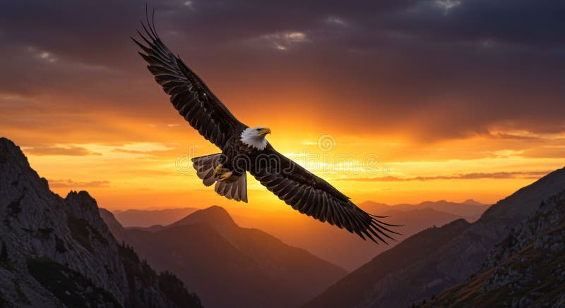 Eagle Soaring Sunset Mountain Landscape Stock Illustration - Illustration of eagle, flight ...