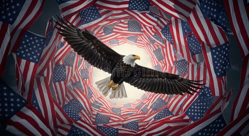 Eagle Soaring through Tunnel of American Flags Patriotic Symbol Image ...
