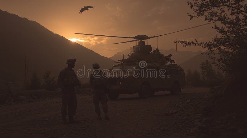 An Eagle Soars Above a Military Base at Sunset Symbolizing Strength and ...