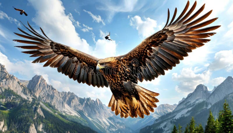 An Eagle Soars Majestically Above Rugged Mountains, Its Wings Outstretched Against a Backdrop of ...