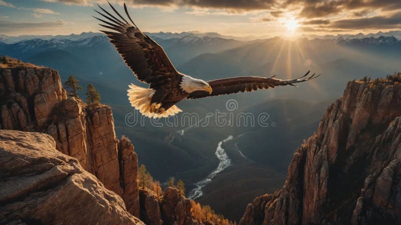 Majestic Bald Eagle Soaring Above Mountain Peaks at Sunset Stock Illustration - Illustration of ...