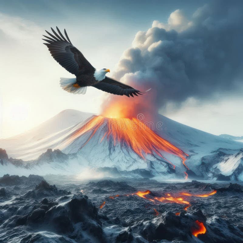An Eagle Soars Over an Erupting Volcano. Stock Image - Image of nature ...