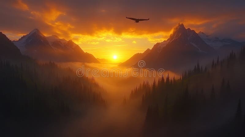 Eagle Soars Over a Mountain Valley at Sunset Stock Image - Image of ...