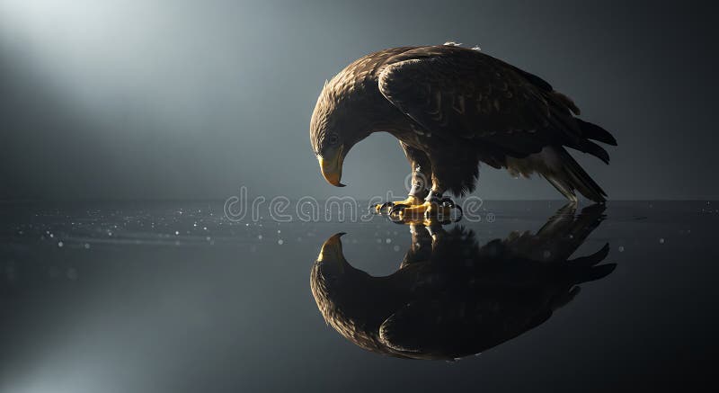 Eagle Stands on Reflective Surface, Creating a Mirror Image Effect ...