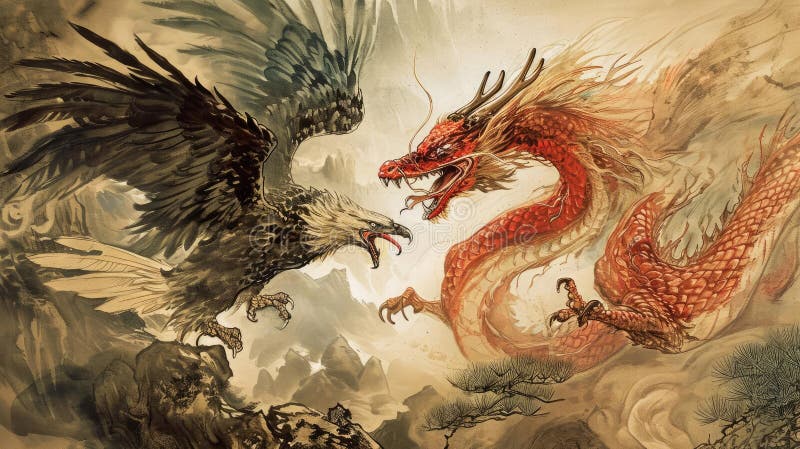 The eagle VS the dragon stock photo. Image of finance - 302116020