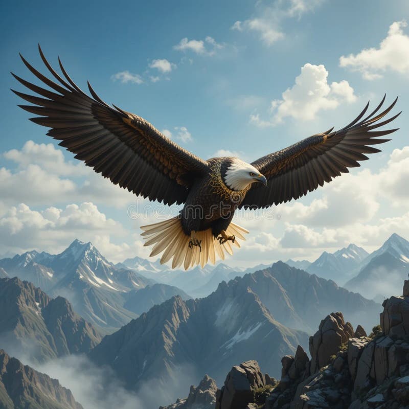 An Eagle Wearing a Golden Collar, Soaring Over a Mountain Range Stock ...
