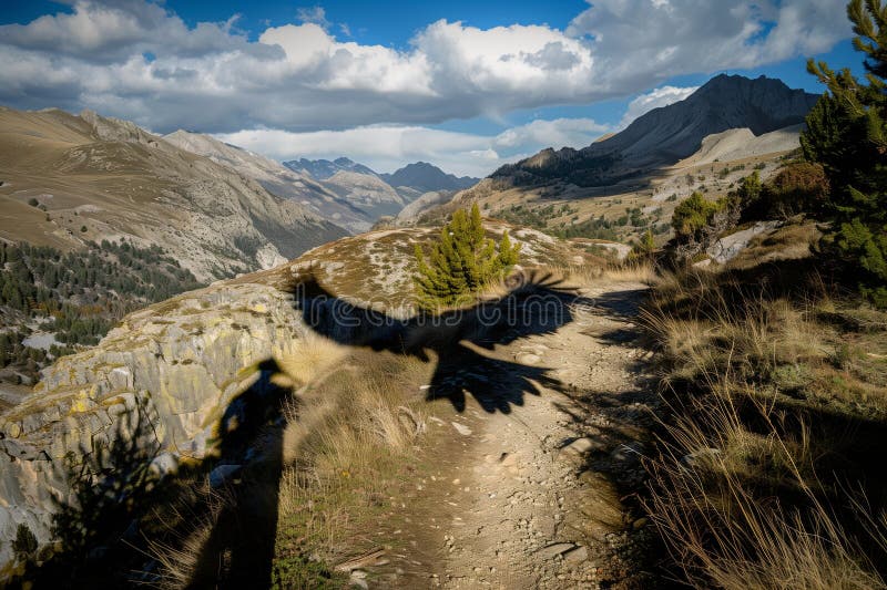 Eagles Shadow Over Mountain Trails with Person Walking Stock Image ...