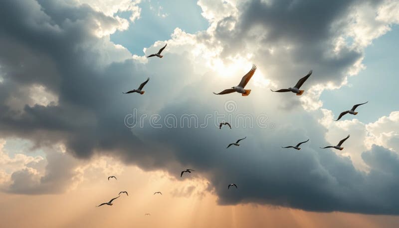 Eagles Flying in Dramatic Sky with Sunlight and Clouds Landscape Stock ...