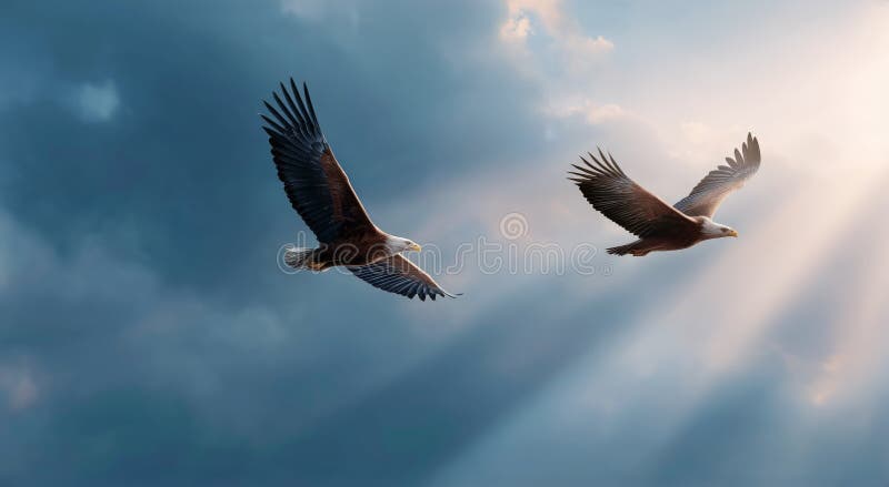 Eagles Soar through the Sky with Sunlight Breaking through Clouds Near a Cross Stock Image ...