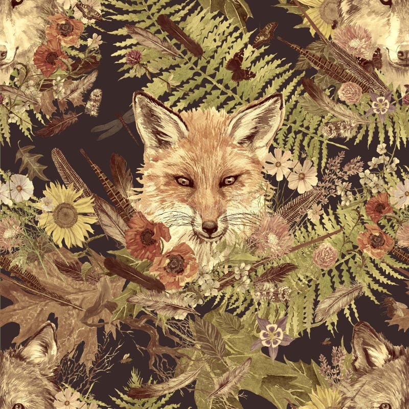 Eamless Watercolor Pattern with Fox and Wolf Heads Stock Illustration ...