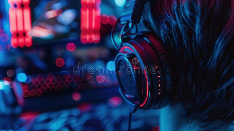 Close-up of an Ear with Headphones in a Vibrant Gaming Setup ...
