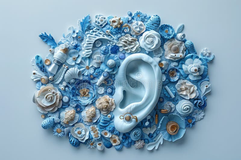Ear Surrounded by Sea Shells and Seashells. Hearing Health Concept ...
