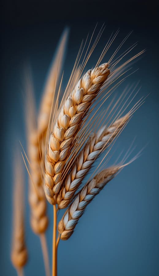 An Ear of Wheat Close-up on a Blue Background. Stock Image - Image of ...