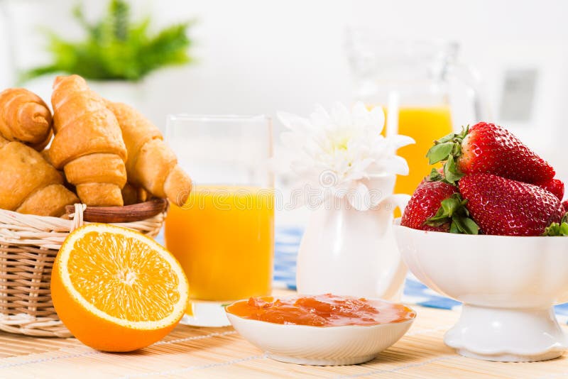 Early Breakfast, Juice, Croissants and Jam Stock Image - Image of ...