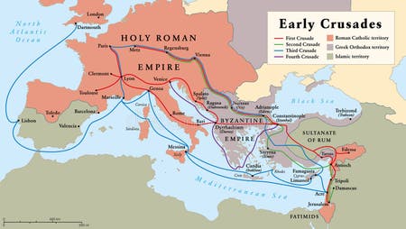 Early Crusades, History Map of the First Four Crusades To the Holy Land ...