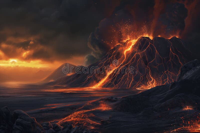 Early Earth with Erupting Volcano and Lava Flows Stock Illustration ...