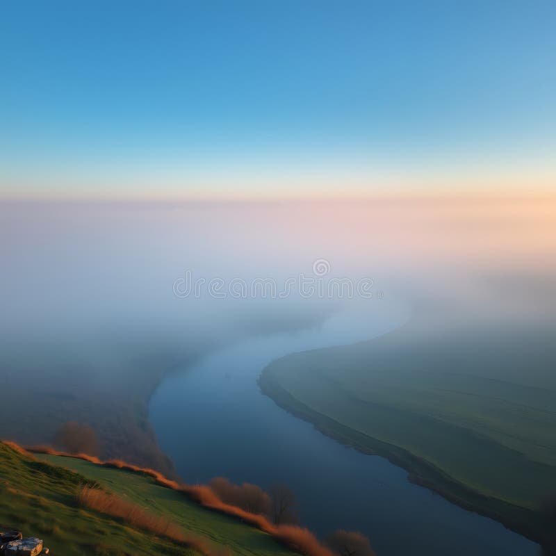 Early Fog Over Winding Countryside River Stock Illustration ...