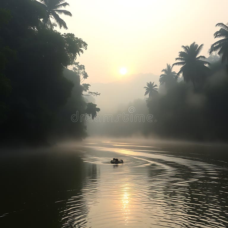 Early Light on Calm Amazon River Stock Illustration - Illustration of ...