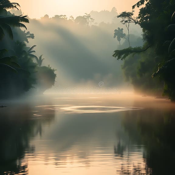 Early Light on Calm Amazon River Stock Illustration - Illustration of ...