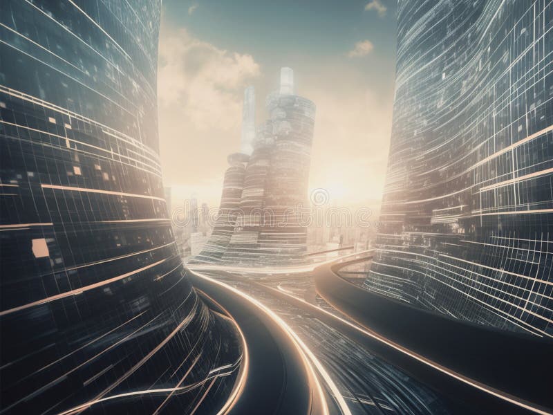 Abstract Highway Path with Led Light through Digital Binary Towers ...