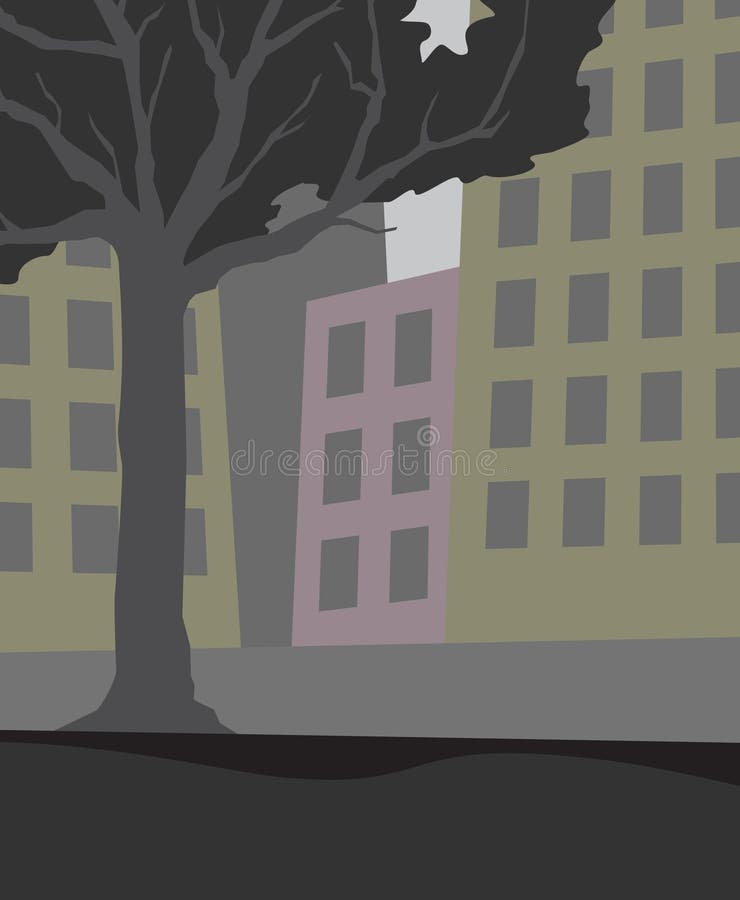 Early Morning in the City. Empty Space, a Single Tree. Buildings in the ...