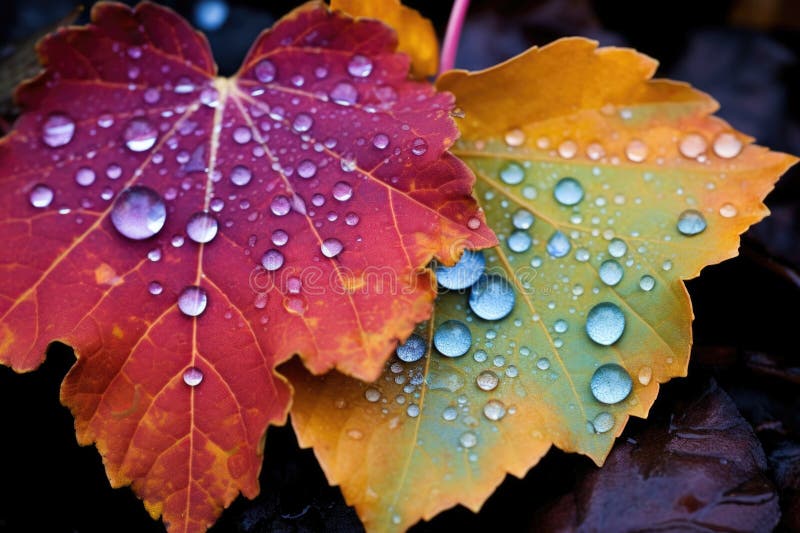Early Morning Dew on Multi-colored Fall Leaves Stock Image - Image of ...