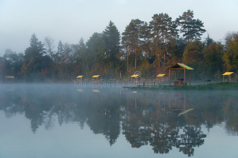 Early morning on lake stock photo. Image of bench, arbor - 16295758