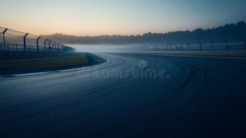 Curving Track at Dawn with Mist Surrounding a Racetrack in a Serene ...
