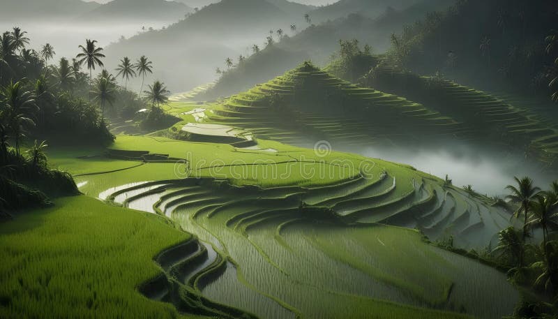 Early Morning Mist Over Lush Paddy Fields Stock Illustration ...
