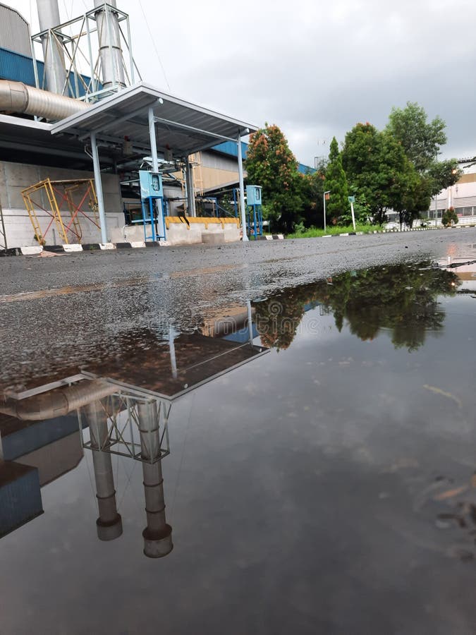 Early Morning Puddles at the Factory Stock Photo - Image of tree ...