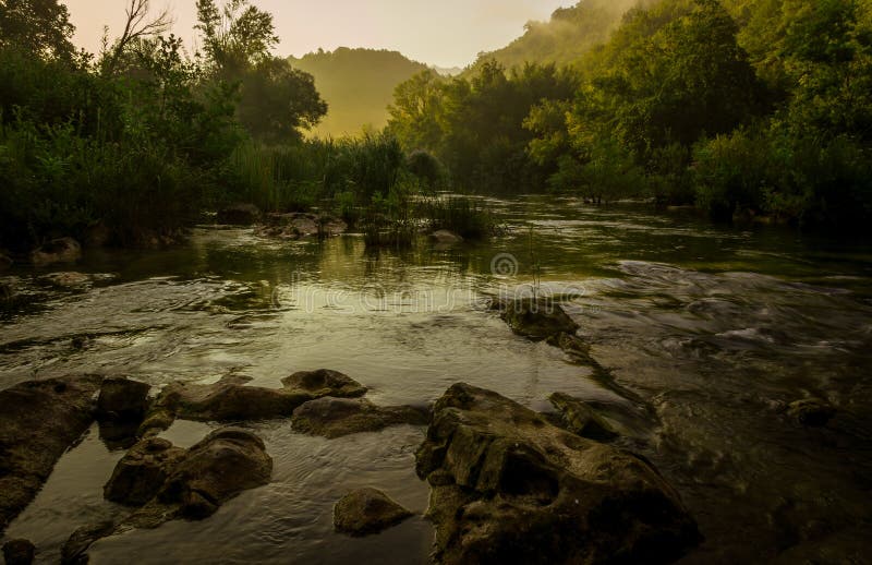 Morning River Fog Creeps Over the Water Beautiful View Blue Sky Clouds ...