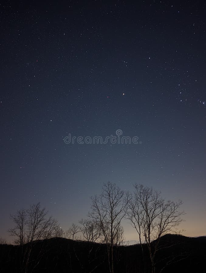 Early Night Sky with Stars Over the Mountain and Trees Stock Photo ...