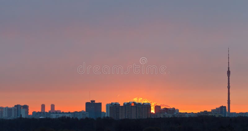 Early Pink Dawn Over City in Spring Stock Image - Image of exterior ...