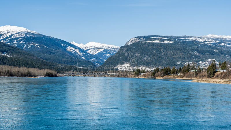 Early Spring Columbia River Panorama with Snow on Mountains Blue Sky ...