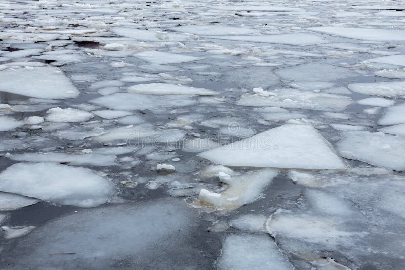 Early Spring, Ice Drift and Flood, Ice Floes Float Down the River Stock ...