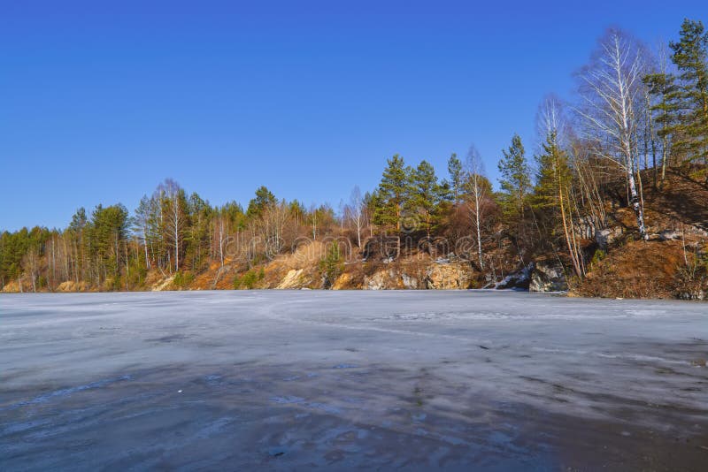 Early Spring Ice Melts on a Forest Lake Stock Image - Image of season ...