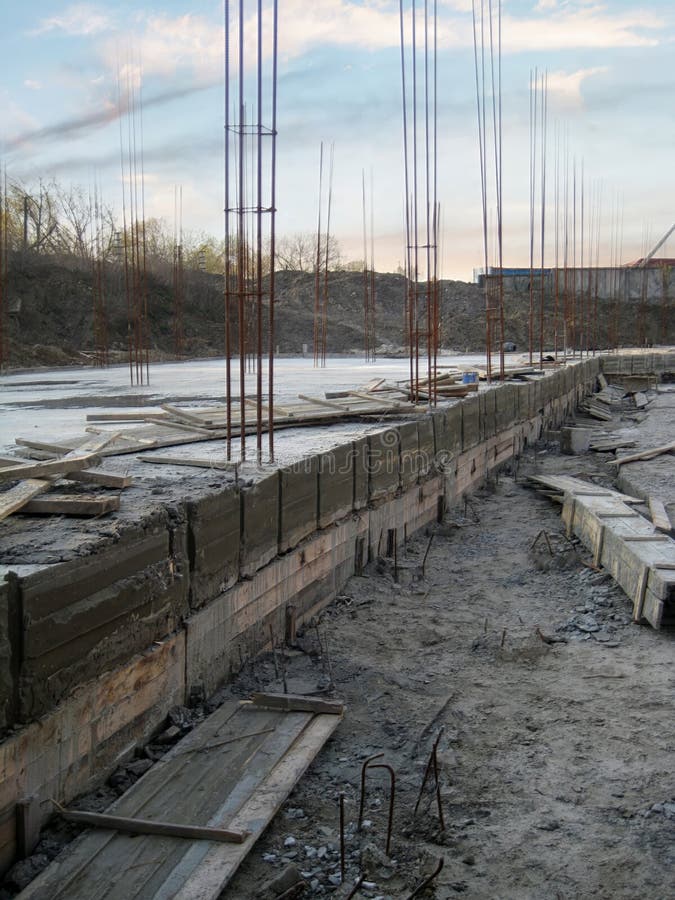 Early Stage of Construction Concrete Slab and Rebar Structures. Rebar ...
