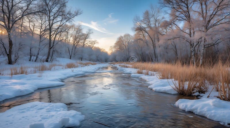 Early Winter Landscape Featuring a Tranquil River and Frosty Trees ...