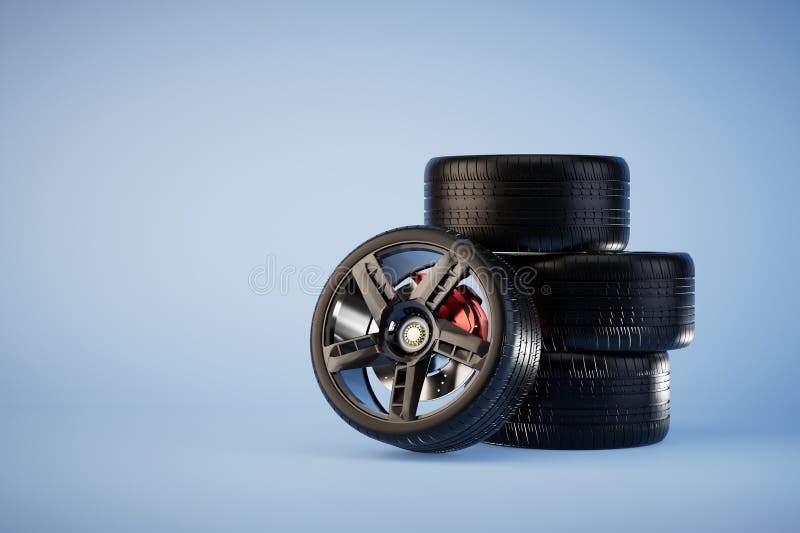 Earnings at the Tire Service. a Stack of Wheels of the Car on a Blue ...