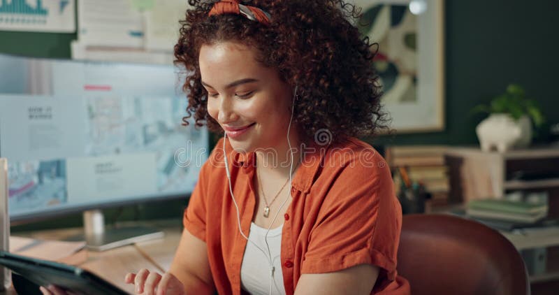 Earphones, Tablet and Woman in Office for Web Design with User ...