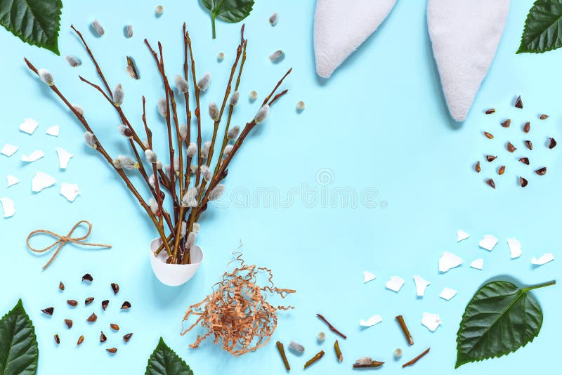 Ears of a Hare, Branches with Kidneys, Eggshells, Green Leaves, on a ...