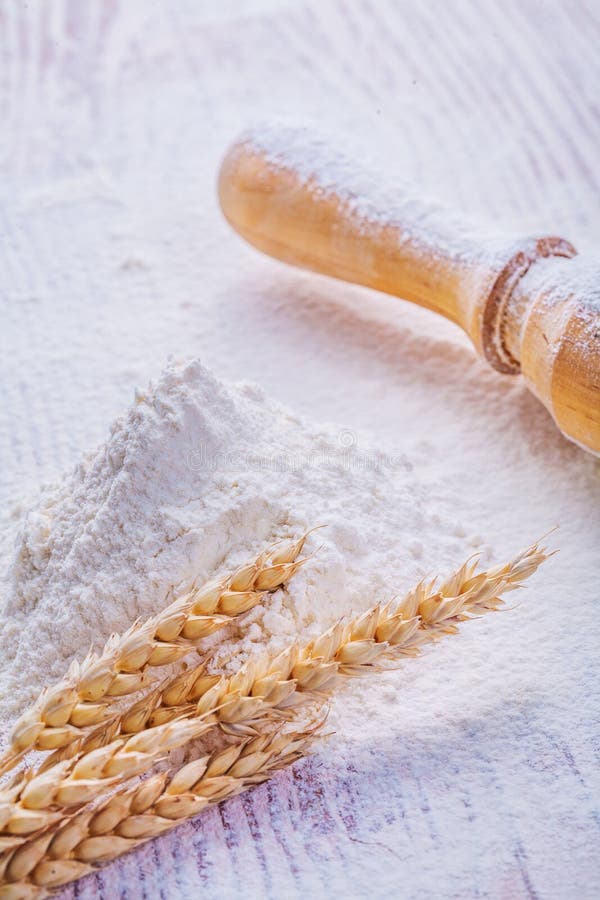 Ears of Wheat on Stack White Flour and Wooden Stock Photo - Image of ...