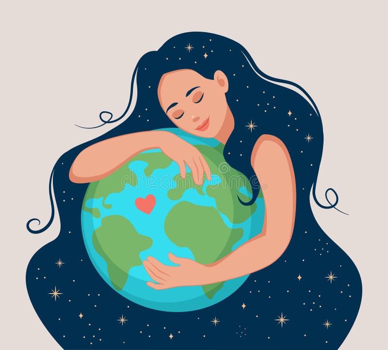 Beautiful Woman Hugs Earth Globe with Love Stock Vector - Illustration ...