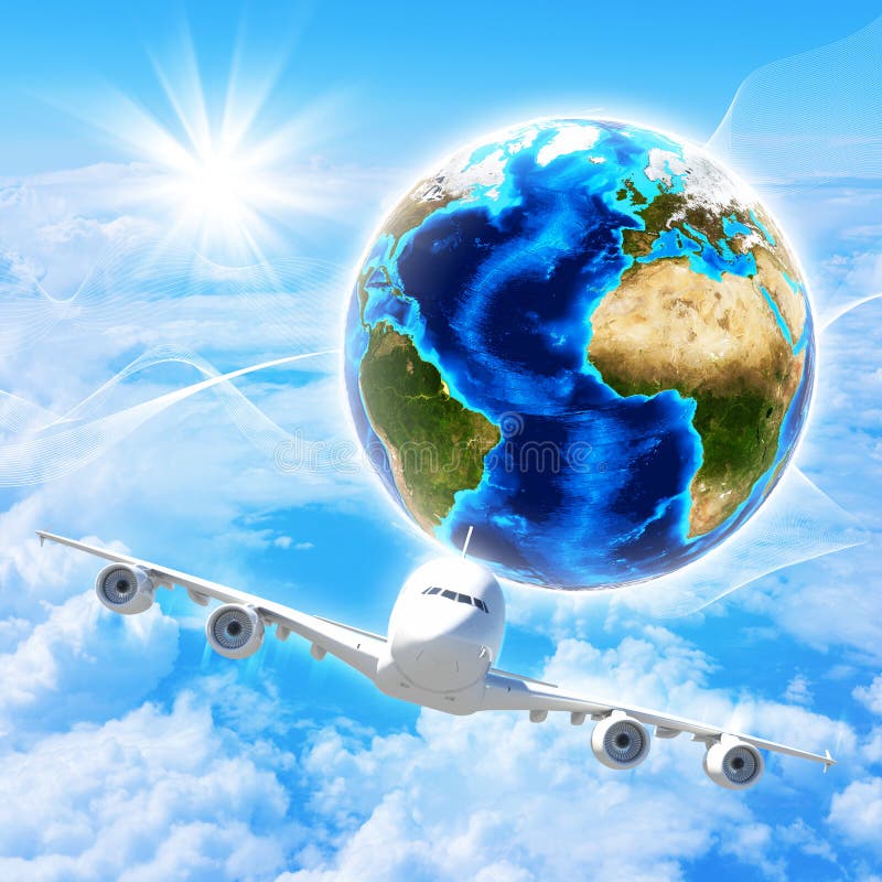 Earth with Airplane Against Clouds and Sun Stock Image - Image of ...